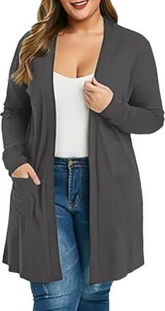 Generic Cardigan long sans manches pour femme, cardigan uni de couleur pure avec poches, cardigan classique polyvalent, printemps et automne, manteau d&eacute;contra