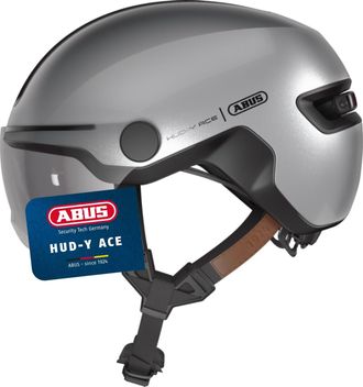 ABUS Stadthelm HUD-Y ACE - stylischer Fahrradhelm mit Visier und magnetischem, aufladbarem LED-Rücklicht - für Damen und Herren - Silber, Größe L