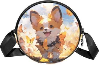 Generic Petit sac &agrave; bandouli&egrave;re Circle pour femme, petit sac &agrave; bandouli&egrave;re Corgi avec fermeture &eacute;clair, bretelles r&eacute;glables, sac &agrave; main rond d&eacute;contract&eacute; pour 