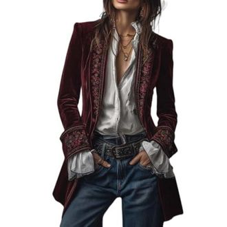 Generic Veste vintage en velours brod&eacute; pour femme, coupe ajust&eacute;e, tendance, l&eacute;g&egrave;re, gothique, dentelle, pirate, violet, 3XL