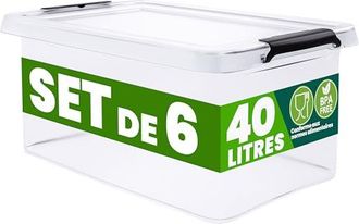 Deuba 6x Bo&icirc;te de rangement 40L en plastique transparent empilable sans BPA gain de place caisse de rangement organiseur
