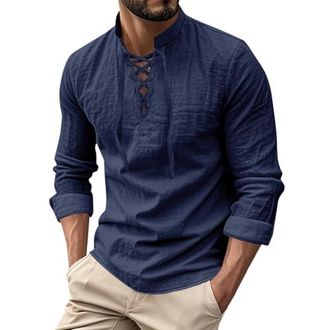 Generic Chemises en coton pour homme en lin pour homme - Chemise en lin &agrave; manches longues - Chemise en coton &agrave; manches longues - Coupe ajust&eacute;e - T-shirts d&eacute;co