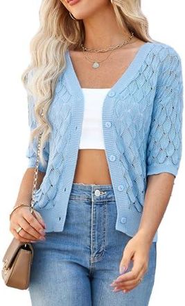Grace Karin Cardigan Vintage &agrave; Manches Courtes pour Femmes Cardigan Creux CL2656 Bleu Ciel M