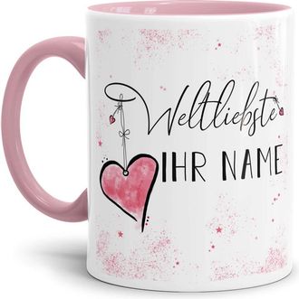 Tassendruck Tasse mit Spruch für die Weltliebste -Name- Personalisierbar/Individuell/Familie/Geschenk-Idee/Innen & Henkel Rosa