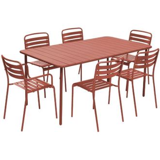 Sweeek Table de jardin m&eacute;tal + 2 fauteuils et 4 chaises. terracotta. acier traitement anti rouille