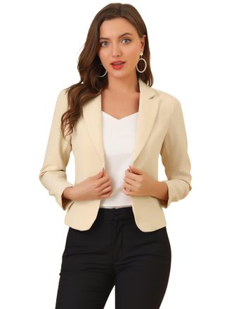 Allegra K Damen Gekerbter Kragen Offen Blazer Freizeit Jacke B&uuml;ro Sakko Beige-Blumig M