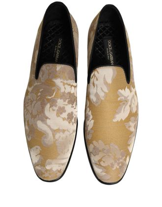 Dolce & Gabbana Gold Floral Print Jacquard Men Loafers Shoes Leather