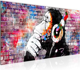Runa Art Wandbild Banksy-Style Affe mit Kopfhörer 1 Teilig 100 x 40 cm Modern Bild auf Vlies Leinwand Street Art Graffiti Loft Wohnzimmer Bunt 042512c