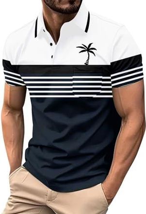Generic DENGJIAMY Polo d&eacute;t&eacute; &agrave; rayures pour homme avec motif palmier - T-shirt de golf &agrave; manches courtes - D&eacute;contract&eacute; - Col de travail - Haut de vacances, ble