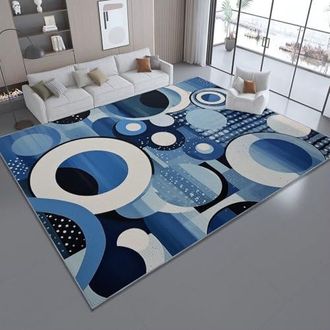 Generic Tapis de Salon Imprim&eacute; Abstrait R&eacute;tro Cercles Courbes th&egrave;me Moquette Antid&eacute;rapant Lavable &agrave; Poils Ras, Bleu &Eacute;cologique Int&eacute;rieur pour Chambre denfant,