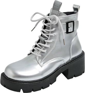 Generic Bottines &agrave; lacets pour femme - Tige large - Bottes &eacute;paisses en cuir - Bottes dhiver chaudes - Bottes dhiver mi-hautes - Bottes d&eacute;quitation &agrave; lacets - 