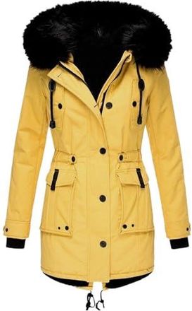 Generic Vestes pour femmes, veste grande taille, manteau chaud, v&ecirc;tements dext&eacute;rieur, fausse doublure, trench dhiver &agrave; capuche avec poche &eacute;paisse, jaune clair