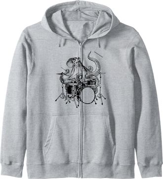 Seembo Oktopus spielt Schlagzeug Beach-Schlagzeuger Lustiger Rockmusiker Kapuzenjacke