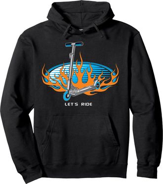 Trendy Apparel Blue Scooter Flames Background Lets Ride Pullover Hoodie