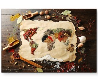 Paul Sinus Art Leinwandbilder | Bilder Leinwand 120x80cm Weltkarte aus verschiedenen Gewürzen