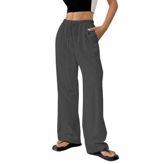 Generic Pantalon en coton et lin pour femme, pantalon d&eacute;contract&eacute; de couleur unie, taille &eacute;lastique avec poches, cordon de serrage, jambe large, confortable, 