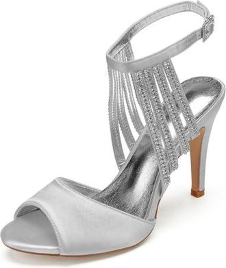 Generic Satin Chaussures De Mariage Sandales &Agrave; Talons Hauts Femmes Mari&eacute;e Bout Ouvert Dress F&ecirc;te Stylet 10.5Cm,Argent,36 EU