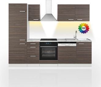 Vicco K&uuml;chenzeile Optima, Edelgrau/Wei&szlig;, 270 cm ohne Arbeitsplatte mit LED-Leisten