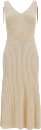 Elisabetta Franchi Femme, Robes, Beige, Taille: 42 FR Longue Robe en Tricot R&eacute;sille C&ocirc;tel&eacute;