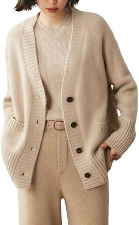 Generic Cardigan dhiver &eacute;pais avec poche boutonn&eacute;e et col en V 100 % cachemire chaud et doux pour femme, camel, Taille M