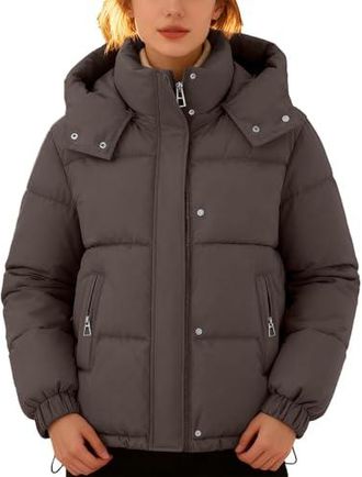 Generic Manteau dhiver rembourré avec capuche pour femme - Veste matelassée courte surdimensionnée avec fermeture éclair et bouton - Veste isolante épaisse et