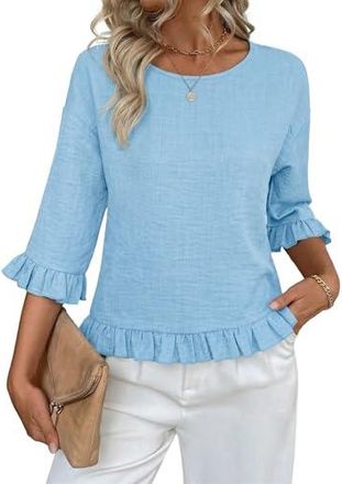 Generic Chemisier pour femme 2026 &agrave; manches courtes 3/4 &agrave; volants et oeillets p&eacute;plum brod&eacute;s col rond habill&eacute; d&eacute;contract&eacute; pour le travail quotidien, bleu clair