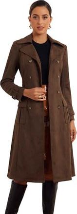 Allegra K Trench Coat Femme en Faux Su&egrave;de &agrave; Revers Crant&eacute; Blouson Long &agrave; Double Boutonnage avec Ceinture Manteau Faux Cuir &agrave; Manches Longues Caf&eacute; noir XS