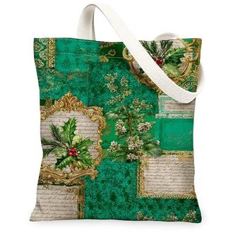 Generic Sacs fourre-tout en toile &agrave; motif floral de vacances, sacs &agrave; provisions r&eacute;utilisables, chics, l&eacute;gers, lavables avec bandouli&egrave;re, vert, 13x15 Inch