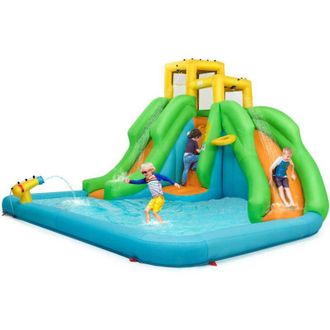 Costway H&uuml;pfburg, Wasserpark mit Zwei Rutschen, Kletterwand, Basketballkorb, Planschbecken und Wasserkanone, inkl. Tragetasche, Reparaturset, Heringe, 400 x