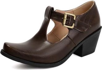 Generic Mary Jane Chaussures habill&eacute;es &agrave; bout carr&eacute; avec boucle et sangle en T pour femme, caf&eacute;, 38.5 EU