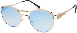 styleBREAKER Damen Panto Sonnenbrille mit ovalen Flachgläsern und Metall Bügel, Federn, Silikon Nasenauflage 09020117, Farbe:Gestell Gold/Glas Blau-Rosa verspiegel