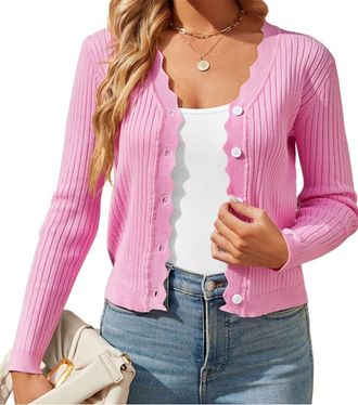 OLIPHEE Strickjacke Damen Kurz V Ausschnitt mit Kn&ouml;pfen Cardigan Damen Elegant Herbst mit Gewellter Rand Sweater Jacke Winter Einfarbig Pullover Y2K Rosa XL