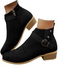 Generic Bottines plates pour femme &agrave; talons bas en faux daim avec sangle &eacute;lastique &agrave; boucle &agrave; bout rond - Bottes courtes avec fermeture &eacute;clair lat&eacute;rale - Chau