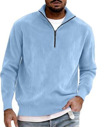 Generic Pull daffaires en velours côtelé pour homme, sweat-shirt à manches longues sans capuche avec col demi-fermeture éclair, doux et confortable à col mont