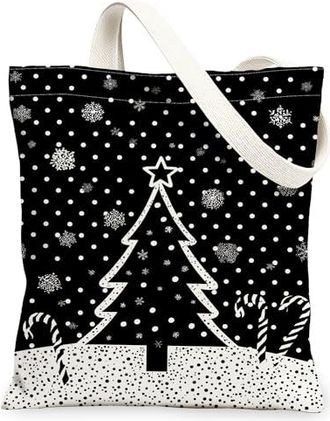 Generic Sac fourre-tout en toile motif sapin de No&euml;l, motif flocon de neige, sacs d&eacute;picerie r&eacute;utilisables, festifs, modernes, l&eacute;gers, lavables, Noir/blanc, 13