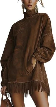 Generic Mini robe en daim pour femme, col haut, robe vintage à franges et poches avec poches, café, XXL