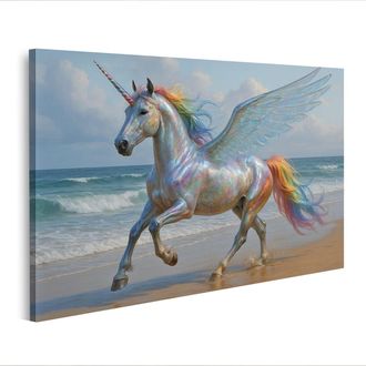 Islandburner Leinwandbild Fliegendes Einhorn am Strand in Regenbogenfarben - Leinwand 80x40cm
