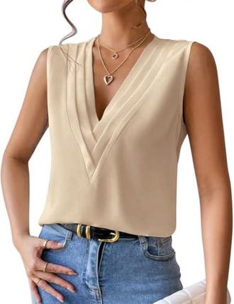ORANDESIGNE Débardeur Femme Chic Et Élégant Top Chemisier Sexy Blouse Ample Haut Été sans Manches Tee Shirt Col V Fluide Mode Casual Chemise Classique Debardeur T