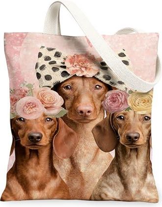 Generic Sacs fourre-tout en toile avec motif floral de chiens, sacs d&eacute;picerie r&eacute;utilisables, l&eacute;gers et lavables avec bandouli&egrave;re en toile pour T, p&ecirc;che, 13x15