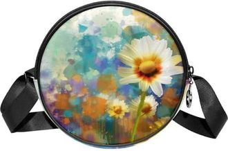 Generic Petit sac &agrave; bandouli&egrave;re rond pour femme, motif floral et marguerites avec fermeture &eacute;clair et bretelles r&eacute;glables