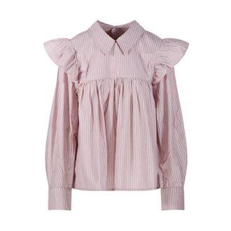 Ganni Oxford Stripe Frill Blouse - - Blouses & Shirts - Damen - Rosa - XS