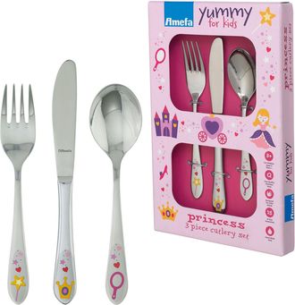 Amefa Princess Set für Kinder ab 3 Jahren, Edelstahl rostfrei & poliert, Spülmaschinenfest, Kinderbesteck 3-teilig, Mit Geschenketui, Silber