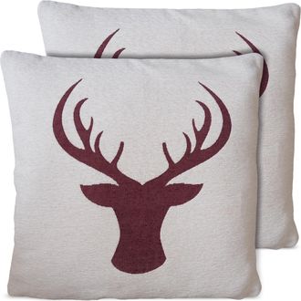 Matches 21 Kissenbezug flauschig 45x45 cm beige mit Hirsch-Kopf rot - 2er Set Kissenhüllen als Weihnachtsdeko