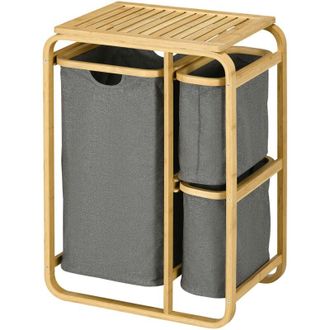 HOMCOM Panier &agrave; linge corbeille &agrave; linge bac linge sale 3 paniers amovibles bambou non-tiss&eacute; gris