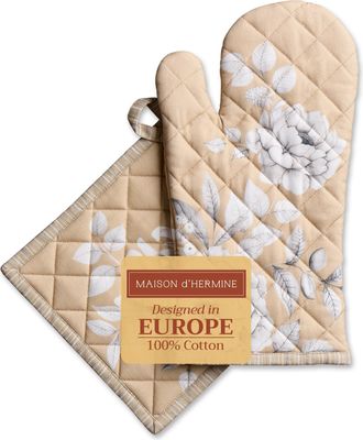 Maison d'Hermine Ofenhandschuh (19cm x 33cm) und Topflappen (20cm x 20cm) aus 100% Baumwolle, hitzebeständige Kombination für Grillen, Kochen, Hochzeit, Pretty Autumn 