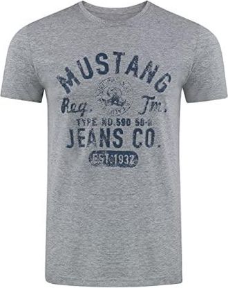 Mustang Jeans T-shirt dété pour homme - Coupe droite - Col rond - Manches courtes - Avec logo imprimé - En coton - Noir, blanc, bleu, gris, vert - Tailles S, M, L, 