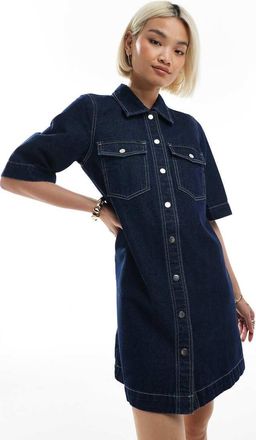 Vero Moda Robe oversize en jean boutonnée à manches courtes - Bleu froncé délavé