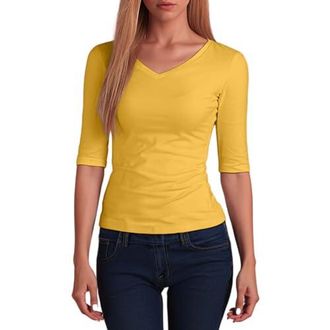 Generic T-shirt pour femme avec col en V et manches courtes - D&eacute;contract&eacute; - Confortable - Doux - Pour le printemps et lautomne, jaune, XXXXXL