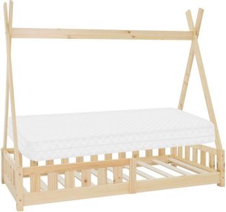 ML Design Ml-design - Lit Enfant Tipi 80x160 cm Naturel avec Matelas à Mousse Froide Polyester, Housse Amovible, Sommier à Lattes, Anti-Chute, Lit Style Indien