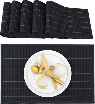 Relaxdays Tischset, 6er Set, Bambus, Stoffrand, rutschhemmend, 45 x 30 cm, Teller, Esstisch, eckiges Platzset, natur